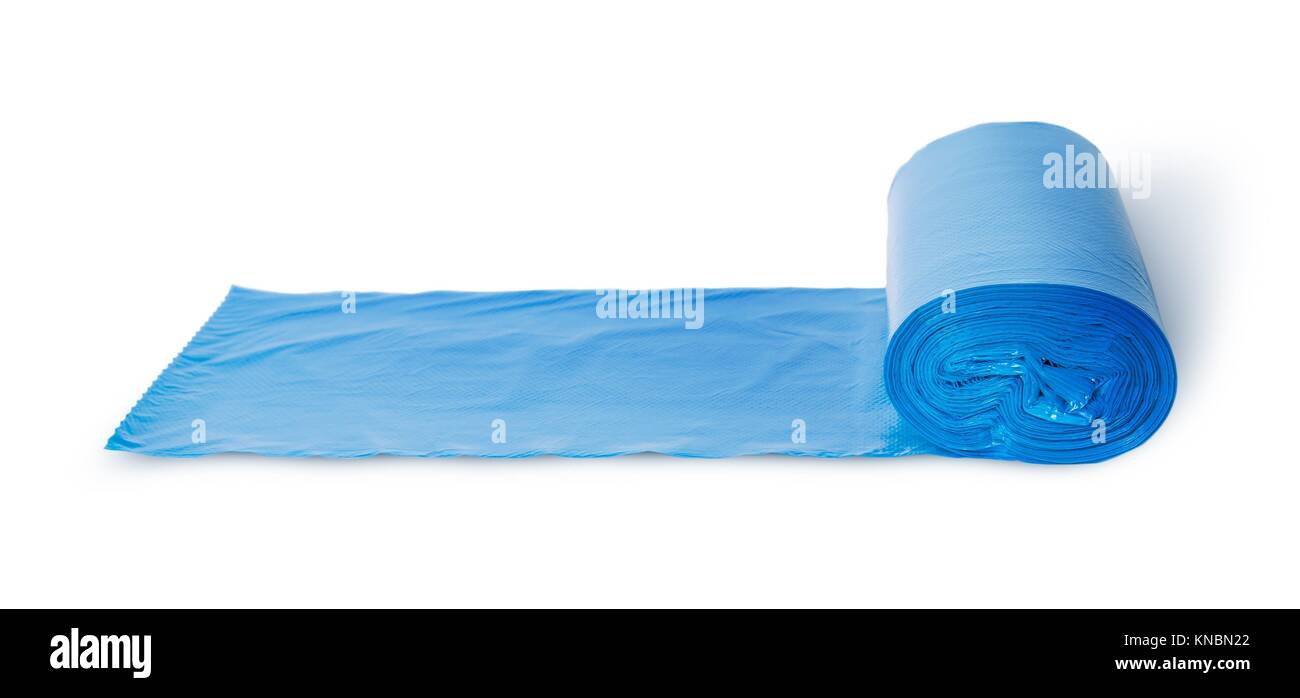 Roll of blue plastic garbage bags in front view isolated on white ...