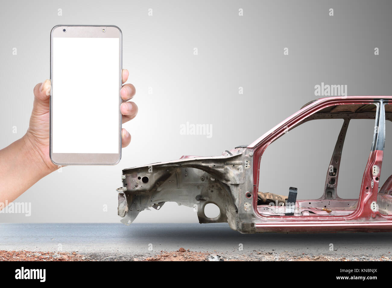 hand using phone after accident, insurance concept Stock Photo - Alamy