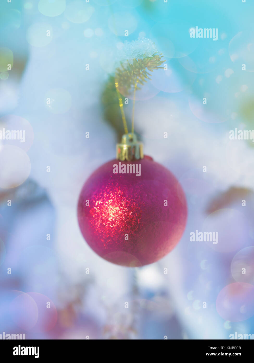 christmas tree red ball decoration with real snow Stock Photo - Alamy