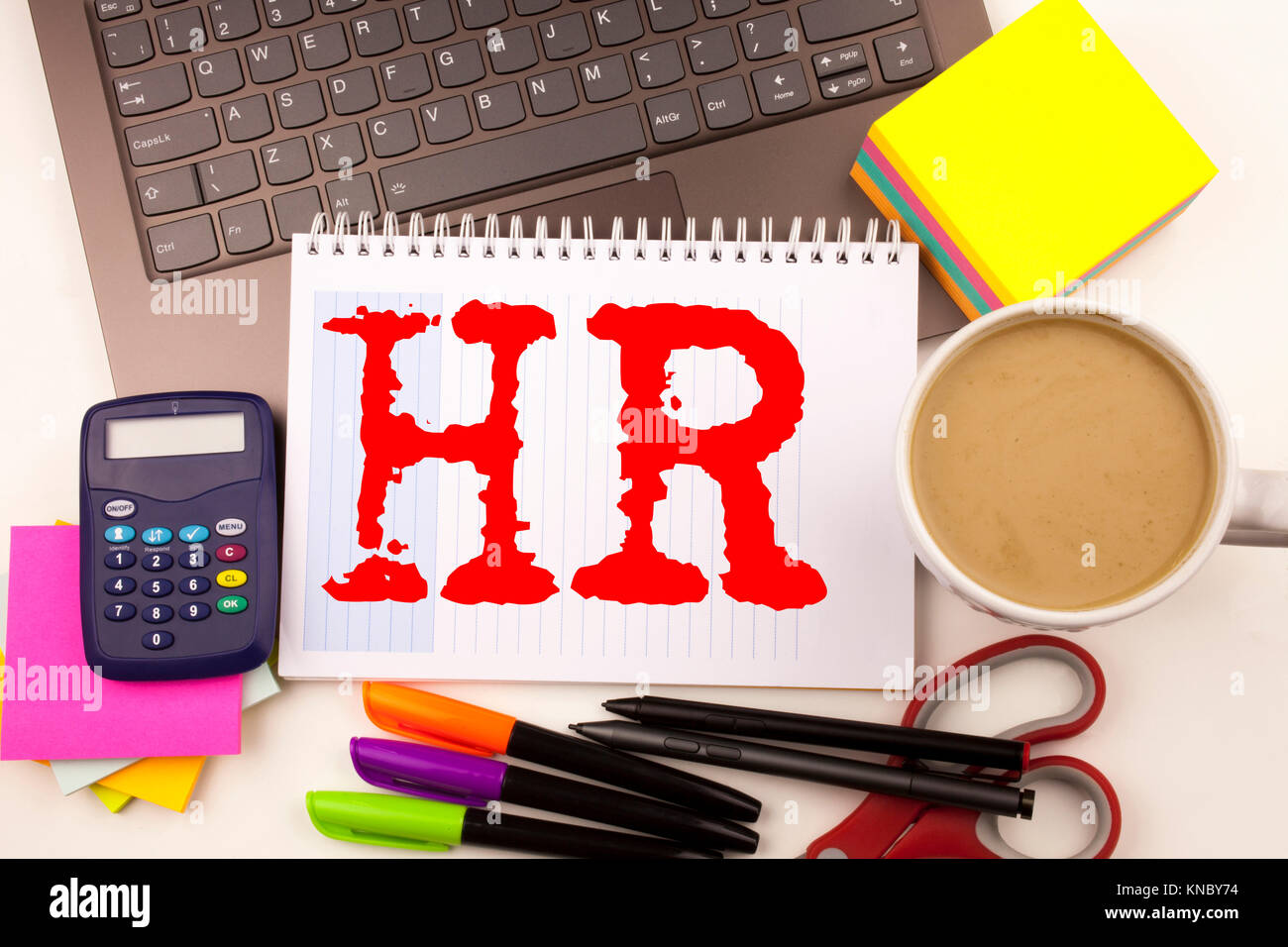 Word writing HR Human resource in the office with laptop, marker, pen ...