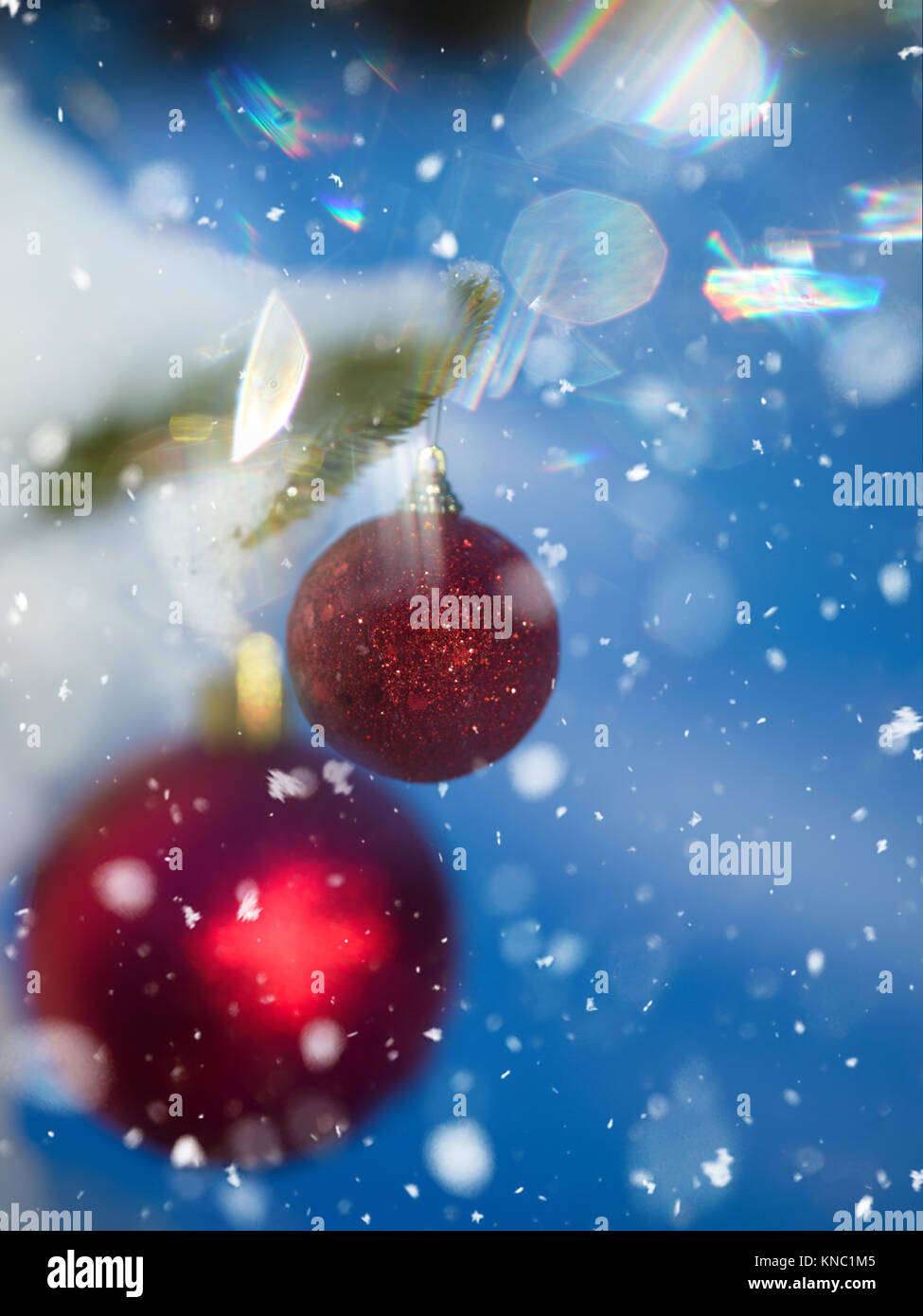 christmas tree red ball decoration with real snow Stock Photo - Alamy