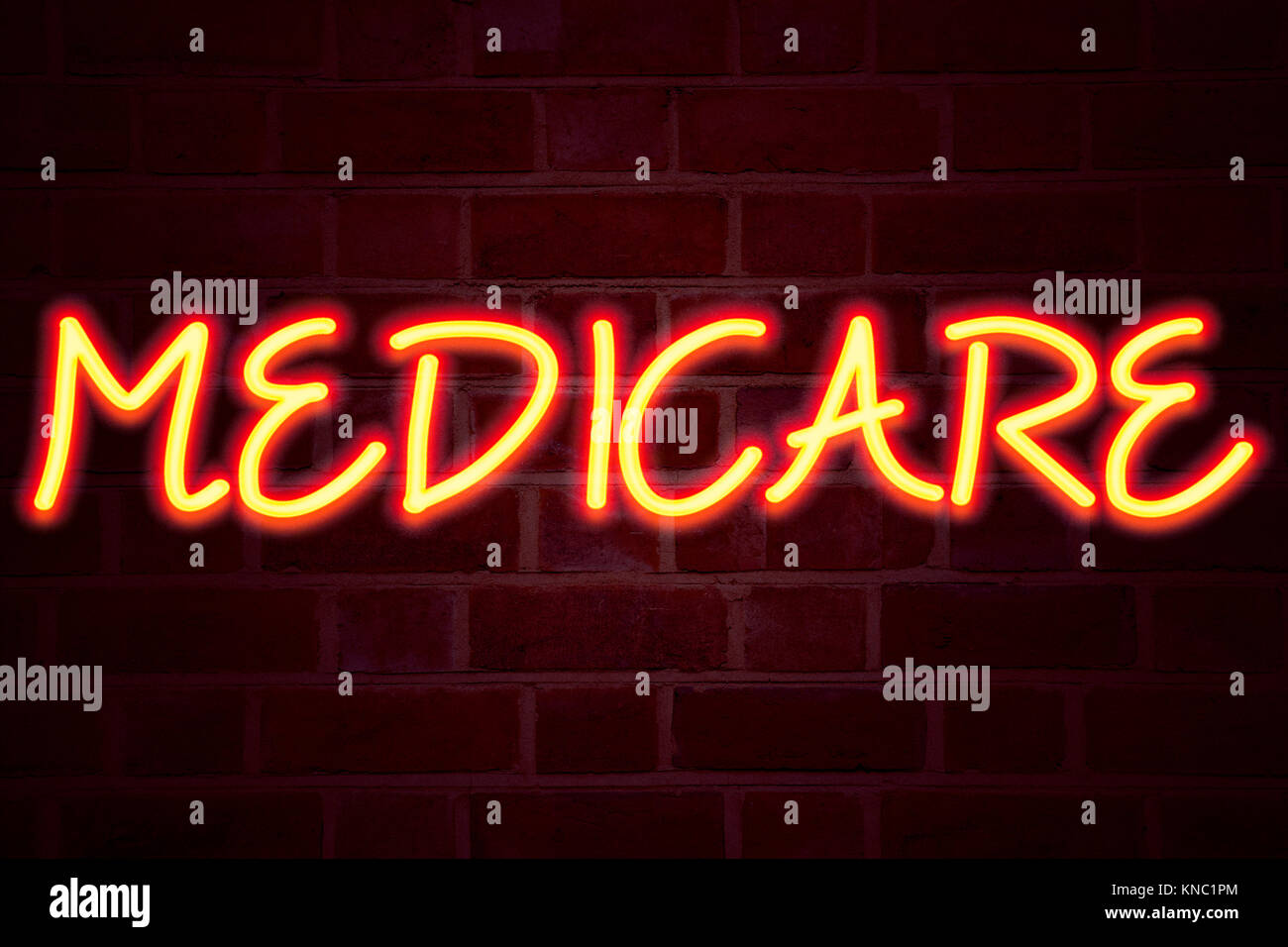 Medicare neon sign on brick wall background. Fluorescent Neon tube Sign ...
