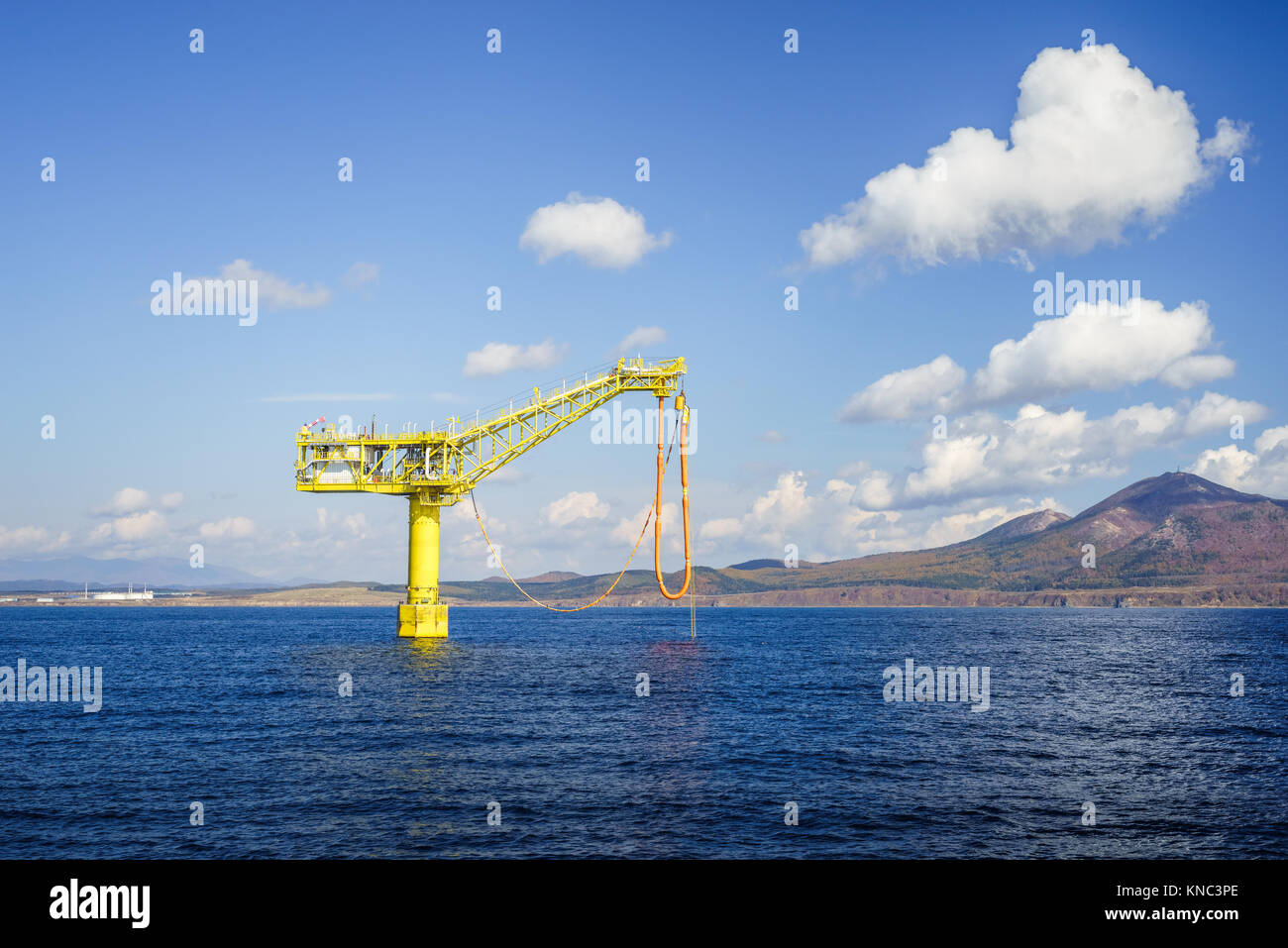 Landscape overlooking the crude oil loading terminal, Sakhalin island ...