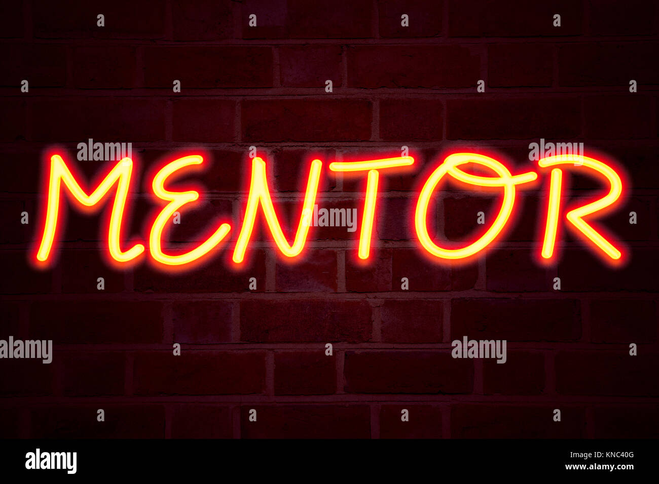 Mentor neon sign on brick wall background. Fluorescent Neon tube Sign ...