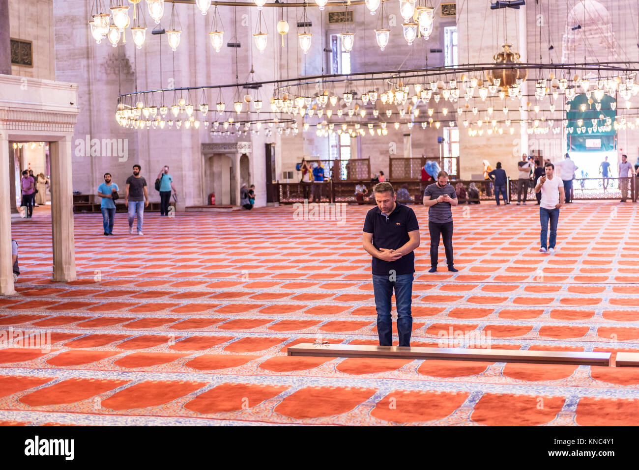 Unidentified Turkish Muslim men praying in Suleymaniye mosque,decorated ...