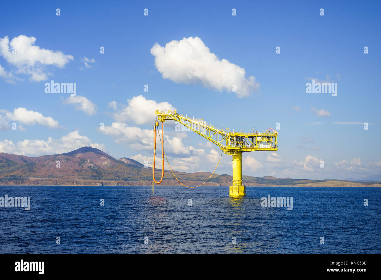 Landscape overlooking the crude oil loading terminal, Sakhalin island ...
