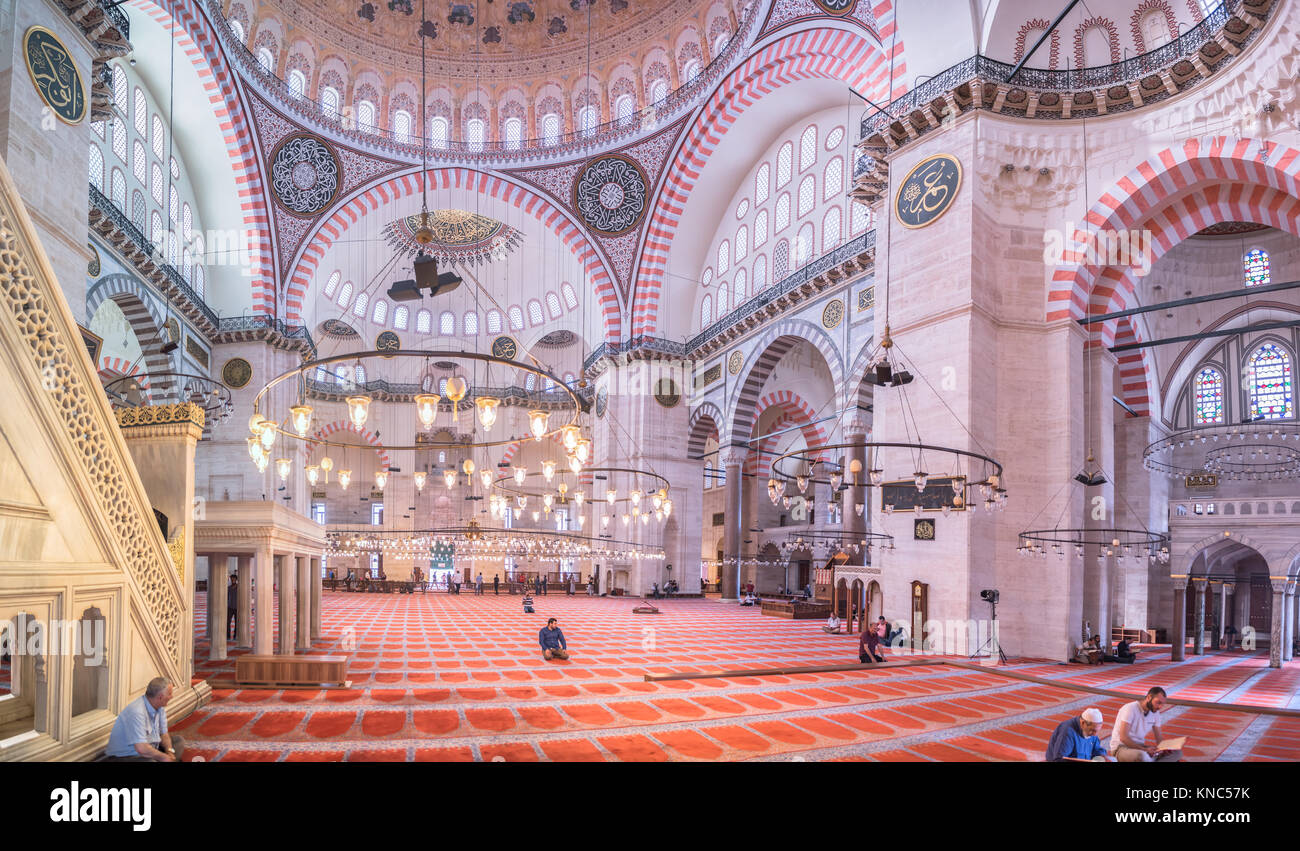 Unidentified Turkish Muslim men praying in Suleymaniye mosque,decorated ...