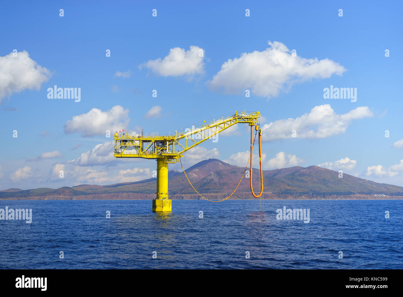 Landscape overlooking the crude oil loading terminal, Sakhalin island ...
