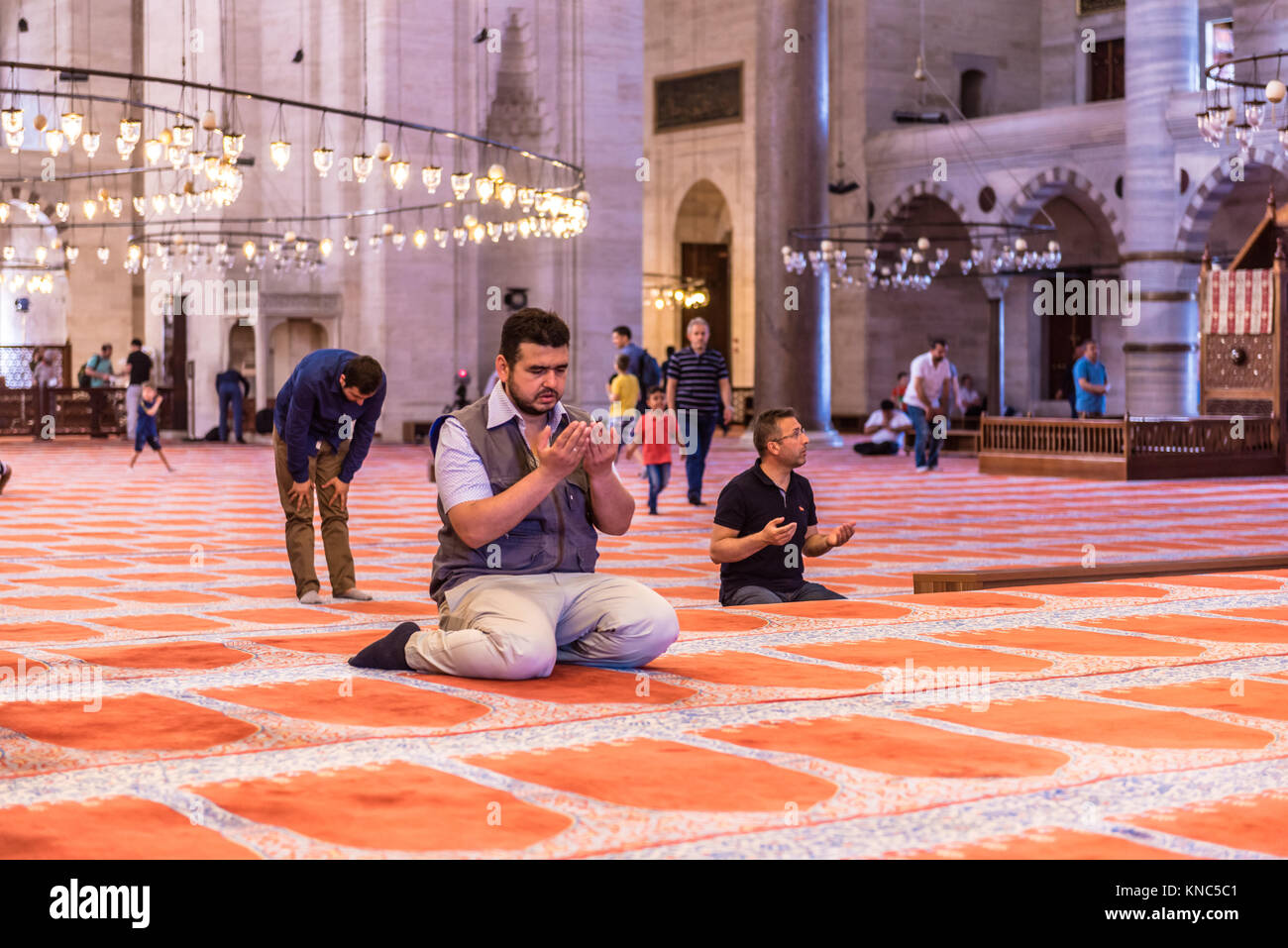 Unidentified Turkish Muslim men praying in Suleymaniye mosque,decorated ...