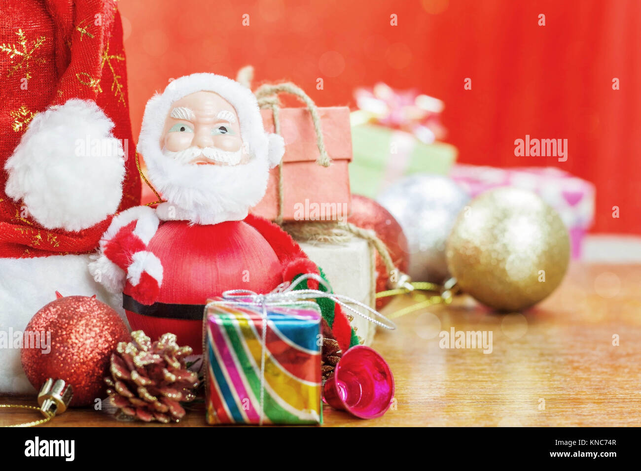 Gift boxes and decorations on wooden floors Stock Photo - Alamy