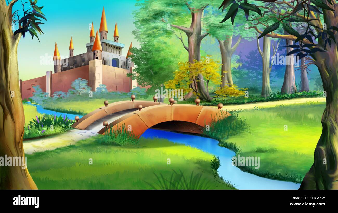 Landscape with Fairy tale castle in a forest and small bridge over the ...