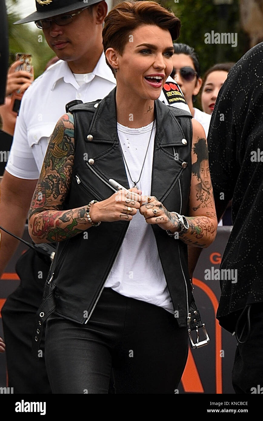 UNIVERSAL CITY, CA - JULY 08: Ruby Rose displays her tattoos at 'Extra ...