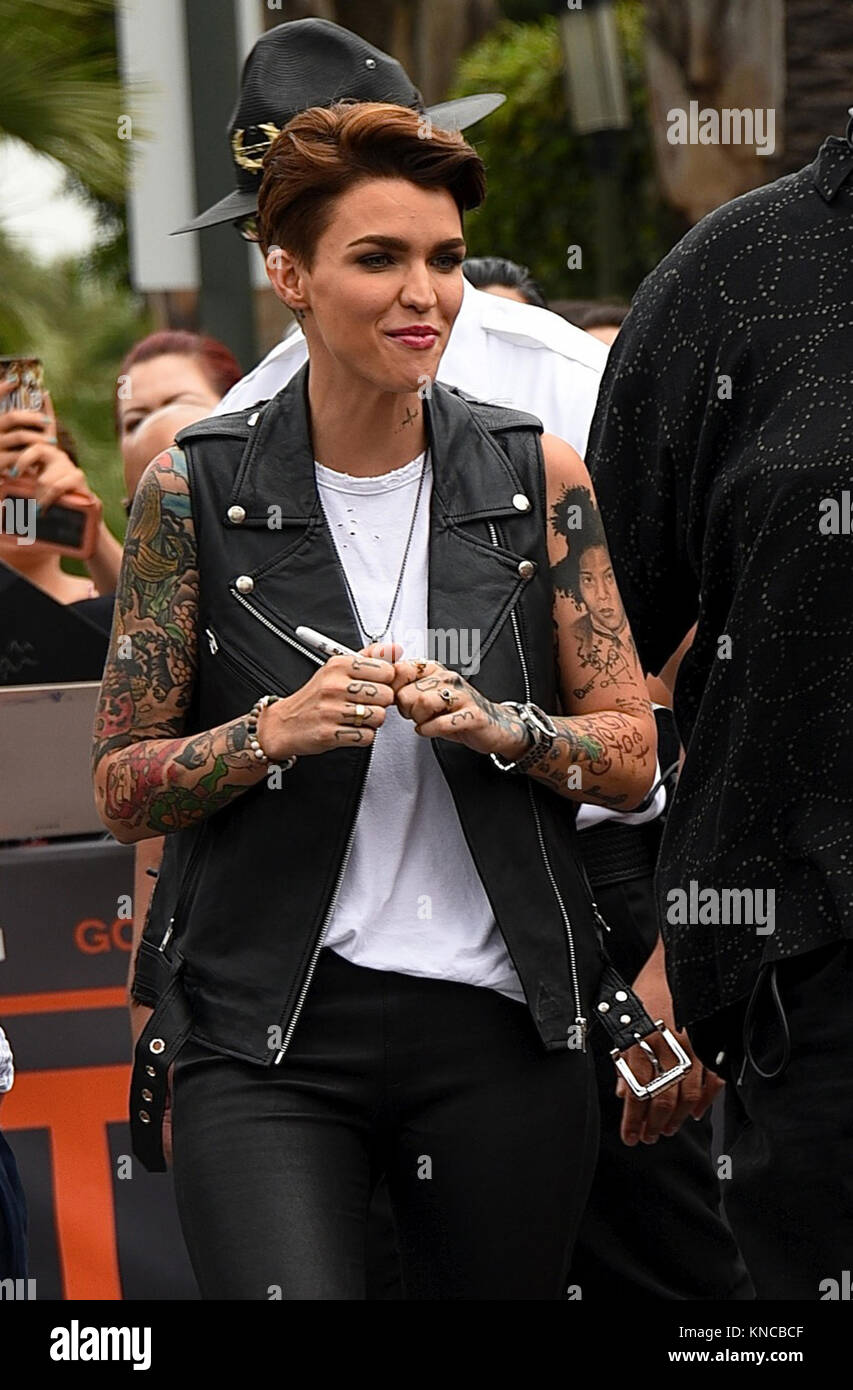 UNIVERSAL CITY, CA - JULY 08: Ruby Rose displays her tattoos at 'Extra ...