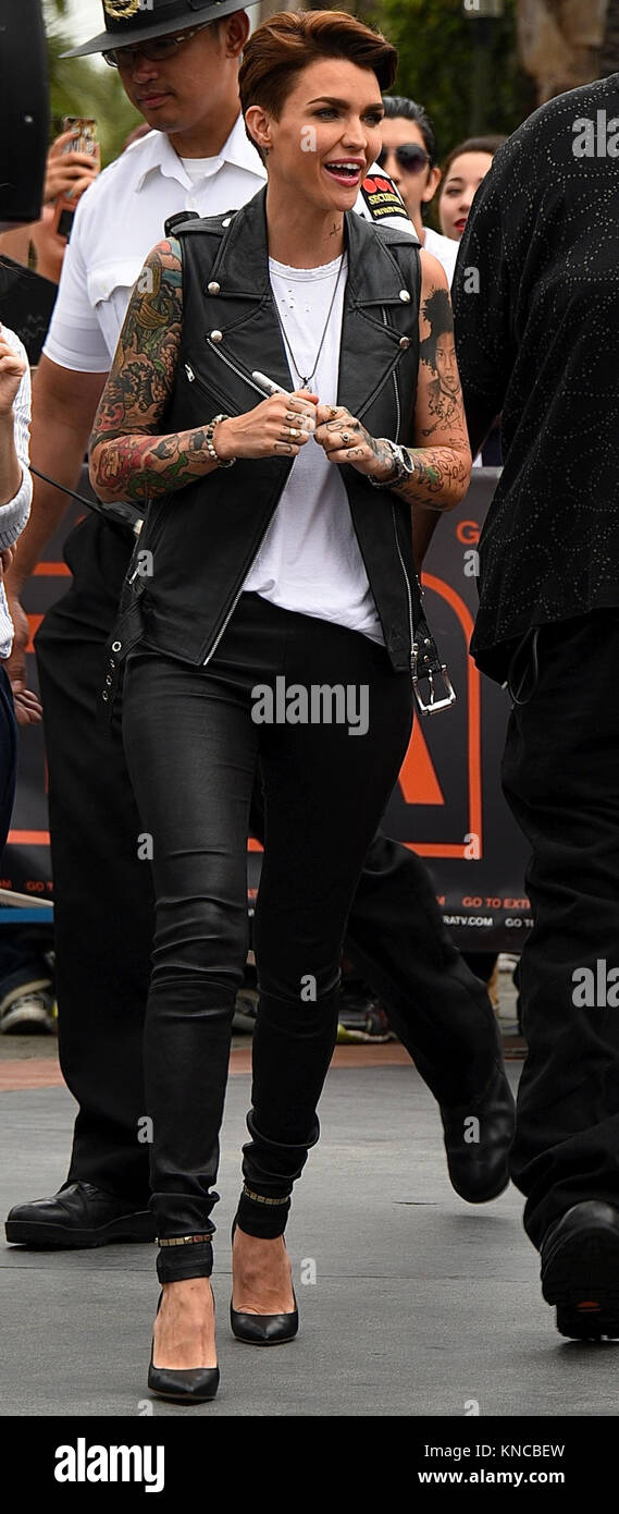 UNIVERSAL CITY, CA - JULY 08: Ruby Rose displays her tattoos at 'Extra ...
