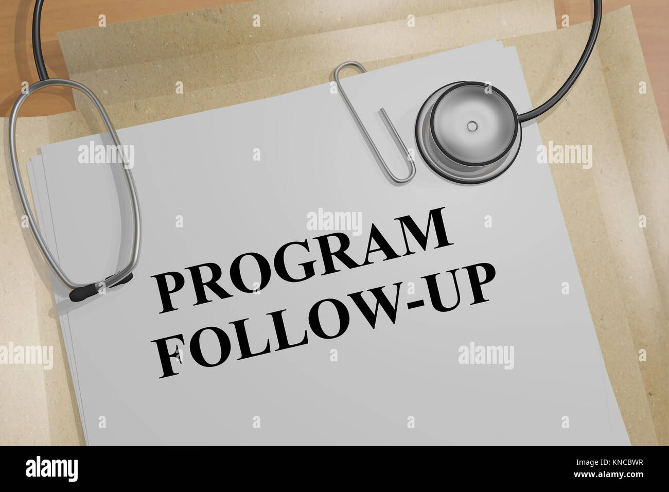 3D illustration of "PROGRAM FOLLOW-UP" title on a medical document ...