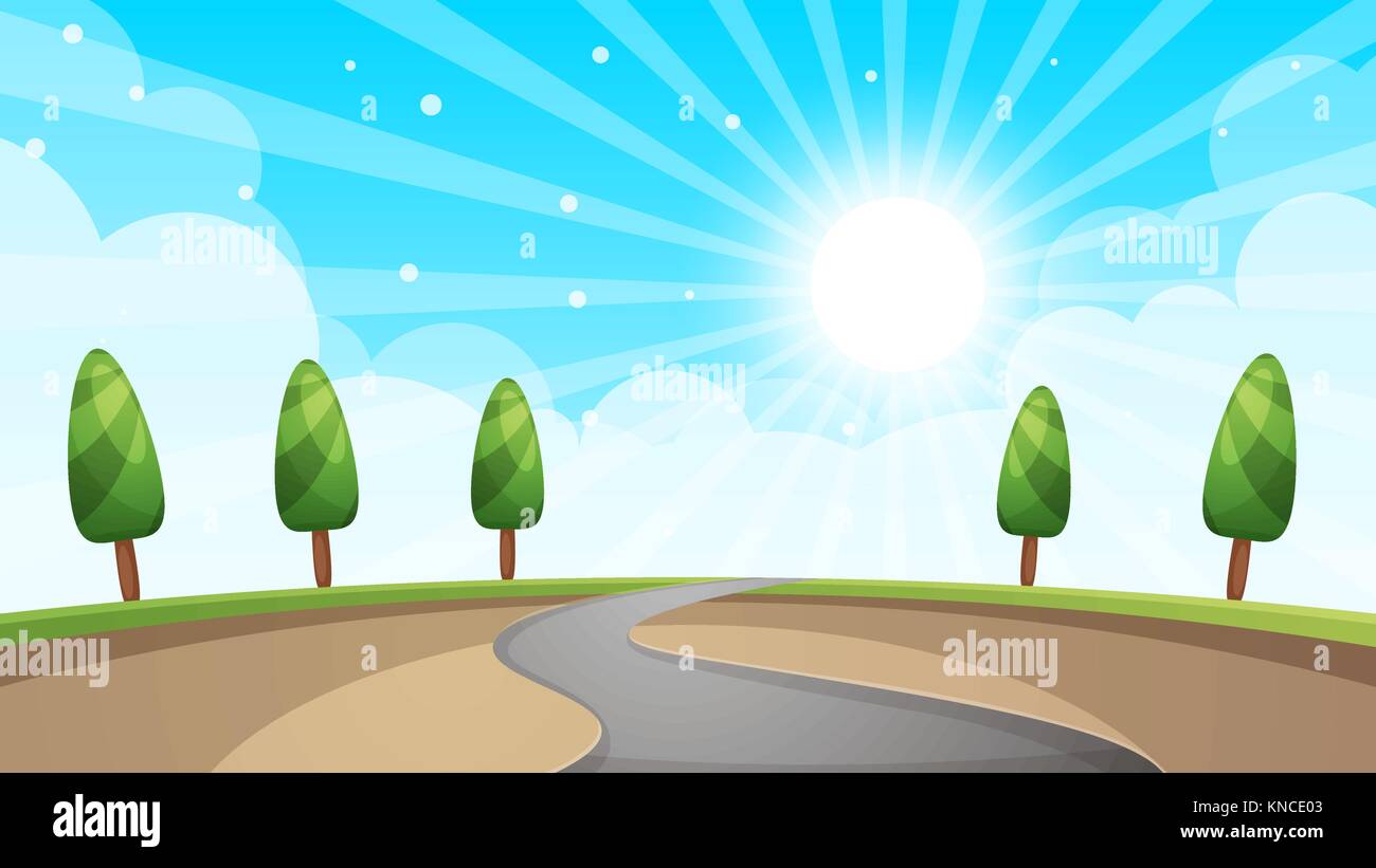 Cartoon landscape, road, sun tree Stock Vector Image & Art - Alamy