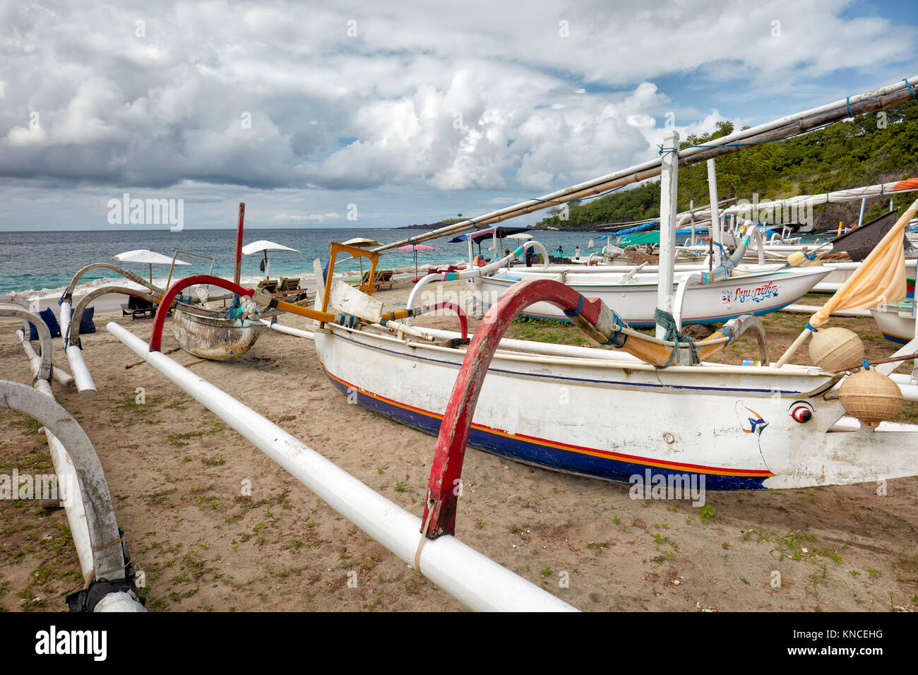Indonesian outrigger canoe, aka jukung or cadik on White Sand Beach ...