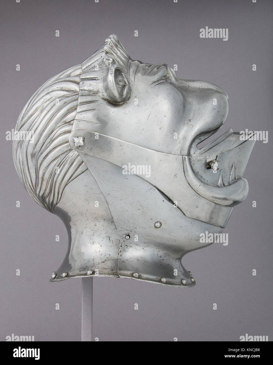 A medieval armet helmet providing full head protection in combat ...