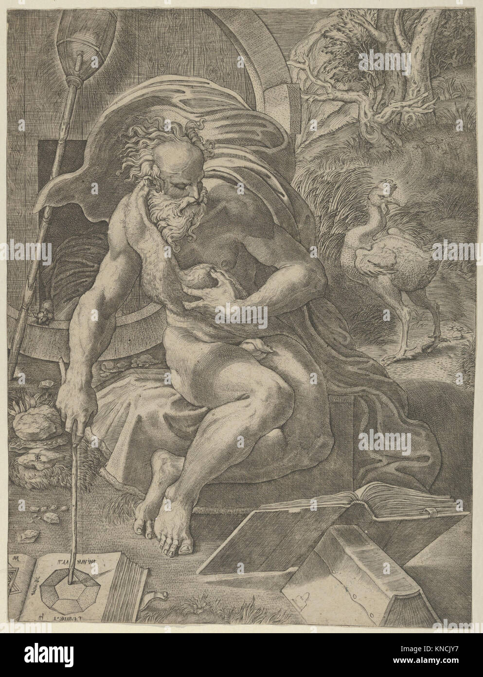 Diogenes seated with his barrel behind him, and reading a book while ...