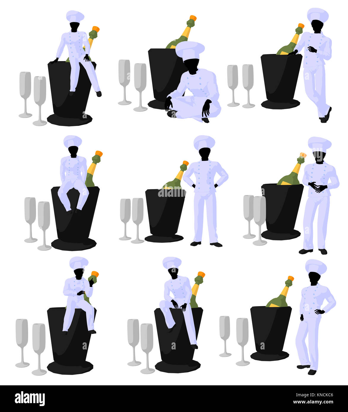 African american chef and champagne silhouette on a white background ...