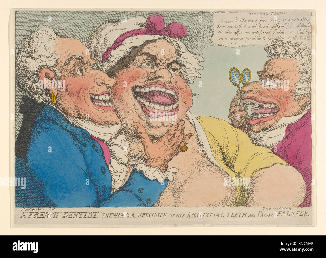 A depiction of a French dentist showcasing a specimen of artificial ...