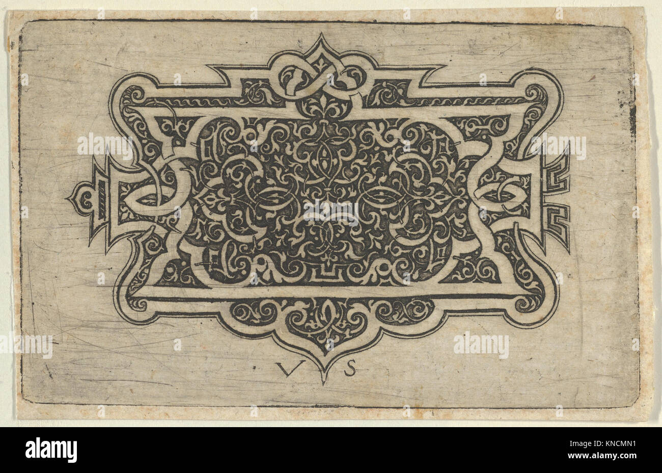 This decorative arabesque features geometric motifs on a dark ground ...