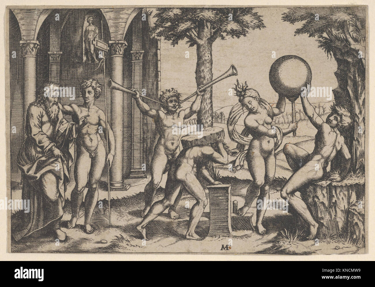 This artwork depicts a central figure playing two trumpets, with ...