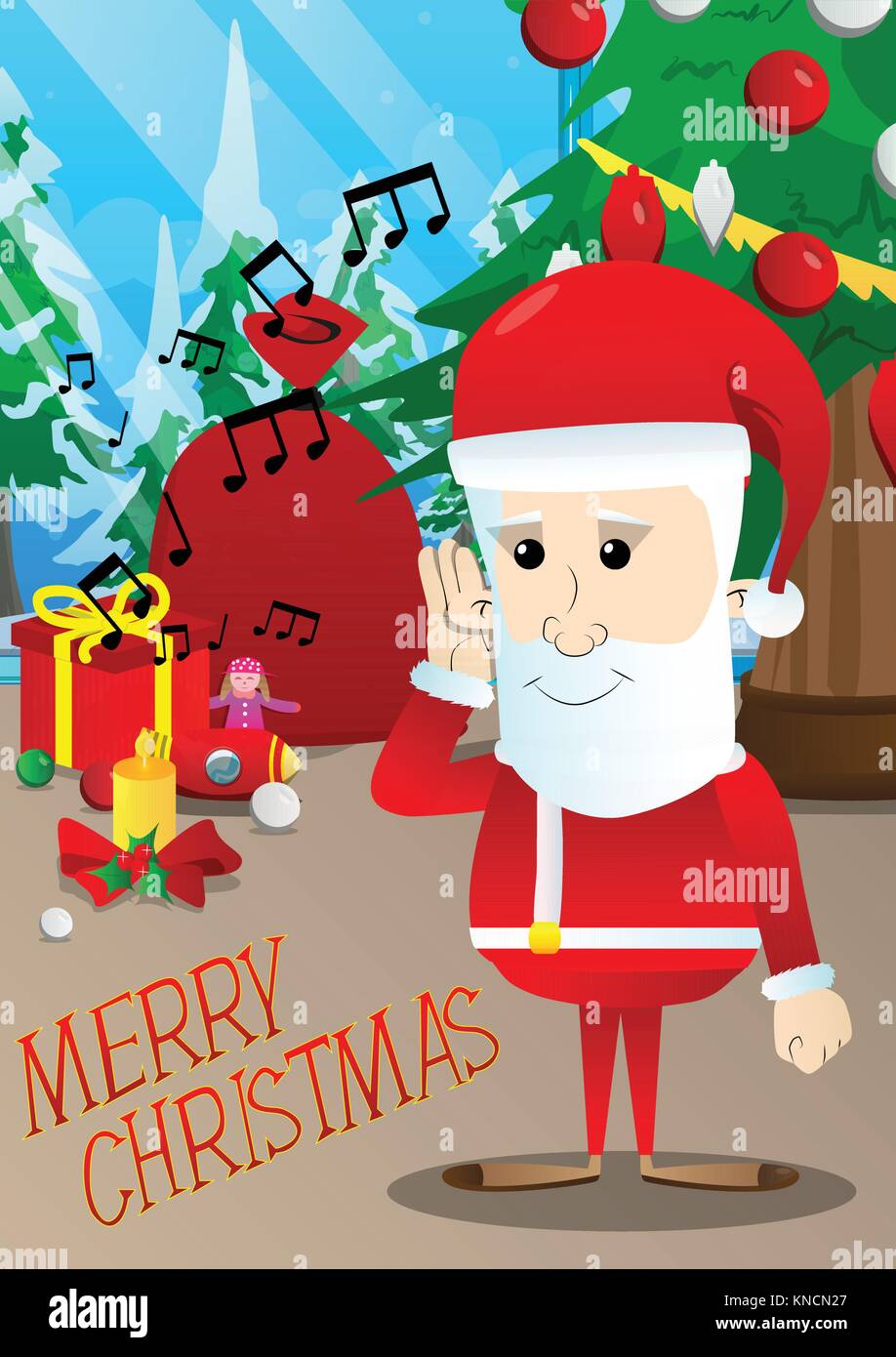Santa Claus holding hand at his ear, listening. Vector cartoon ...