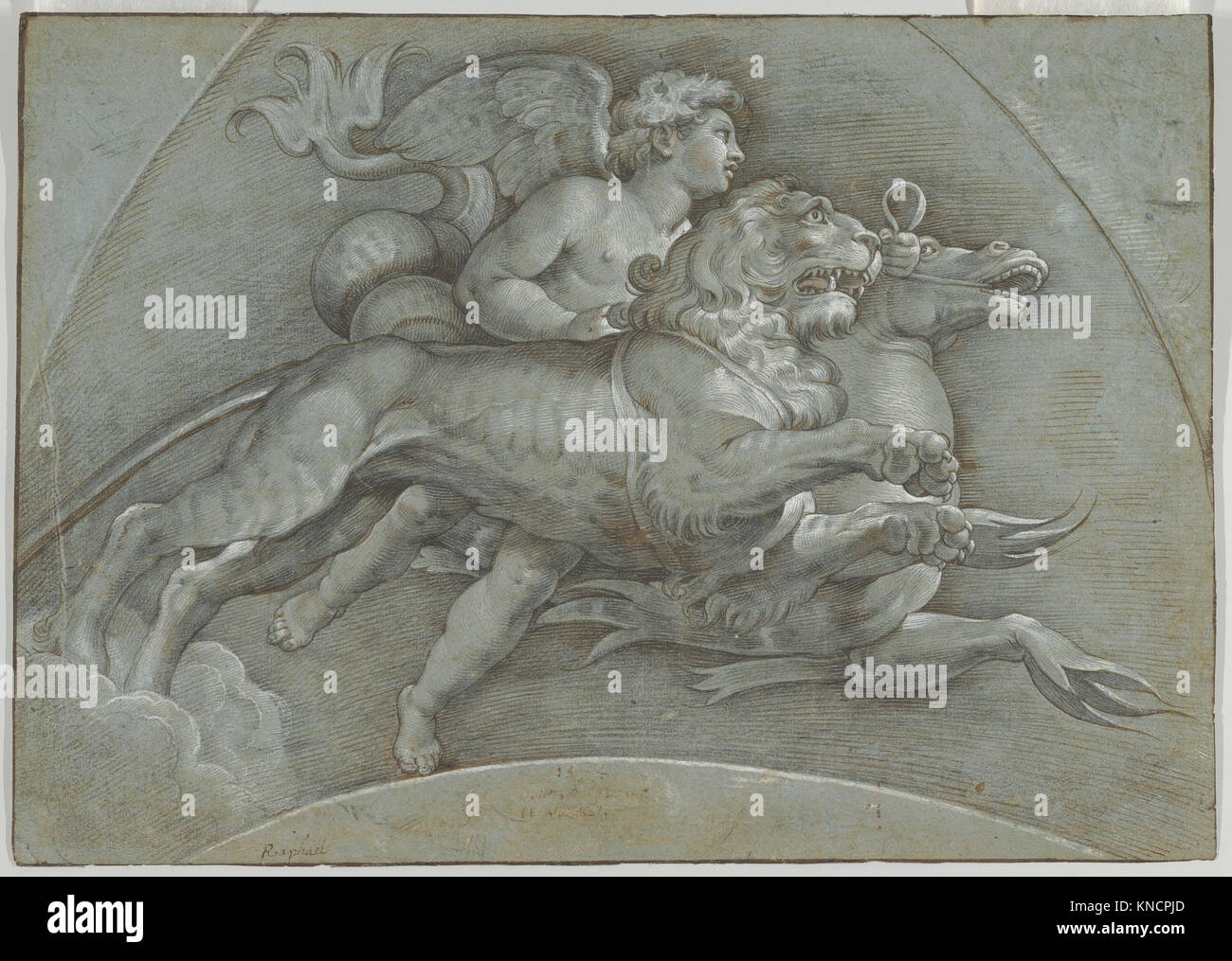 This artwork depicts a winged putto riding a sea horse and lion ...