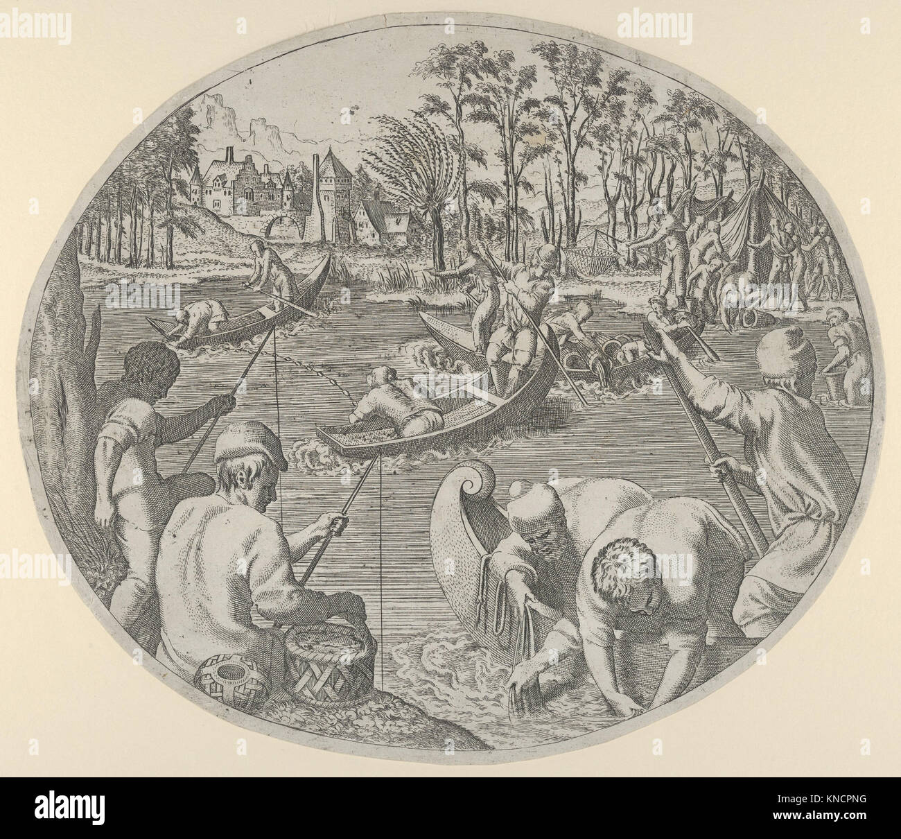 A depiction of a fishing scene, possibly from a historical or ...