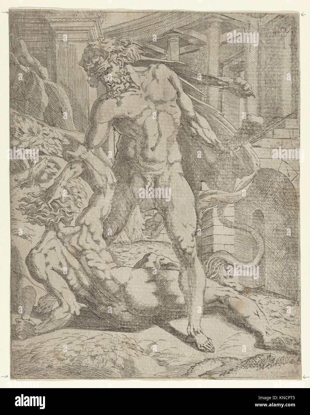 This painting shows Hercules defeating the fire-breathing giant Cacus ...