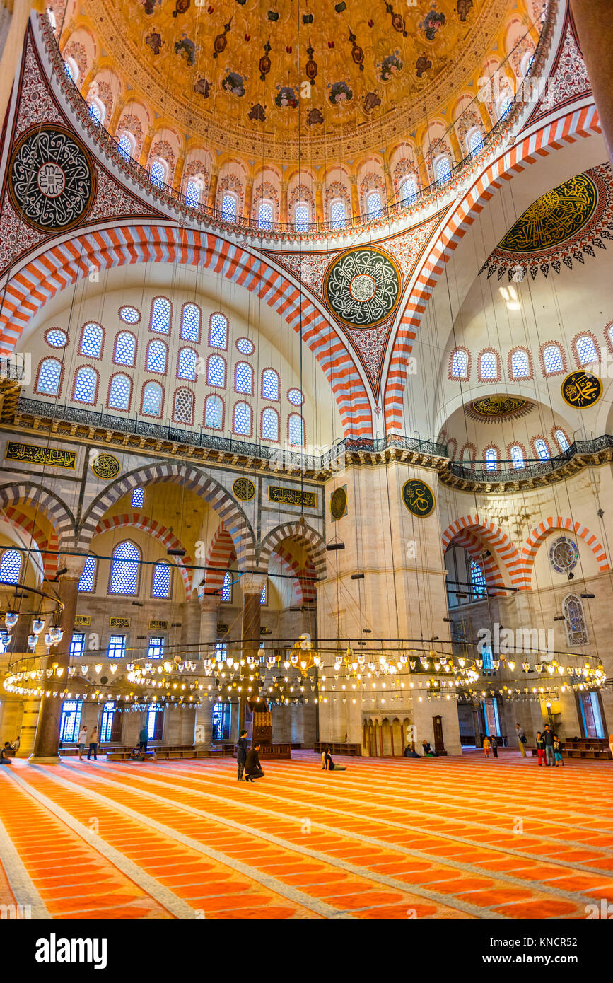 Unidentified Turkish Muslim men praying in Suleymaniye mosque,decorated ...
