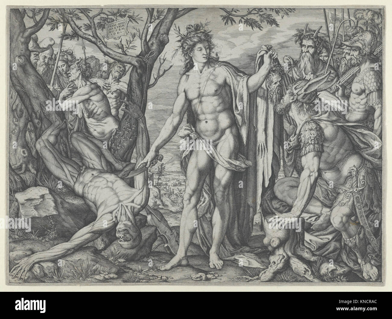 This artwork depicts the mythological scene of Apollo and Marsyas, with ...