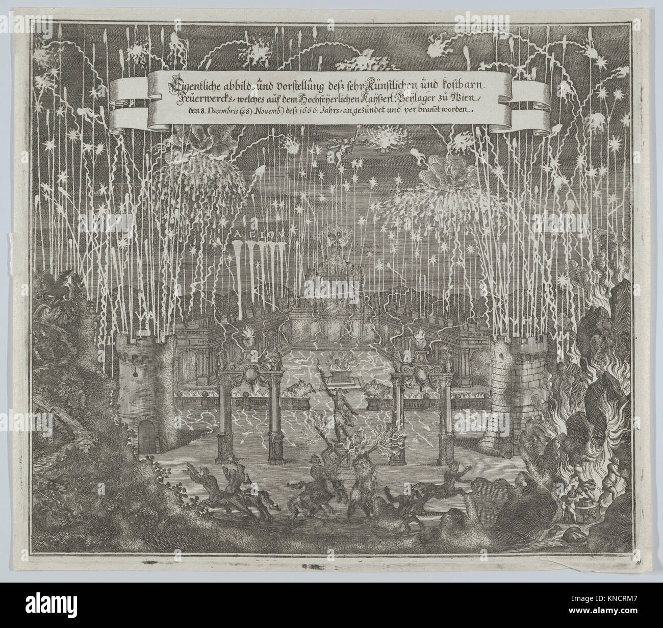 This historical scene captures the fireworks display celebrating the ...