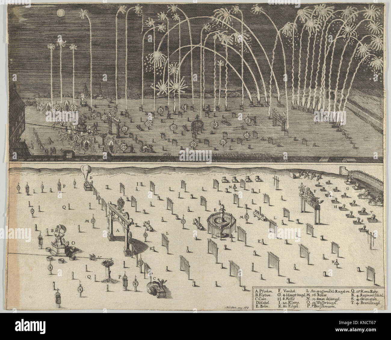 A historical depiction of a fireworks display in Nuremberg in 1659 ...