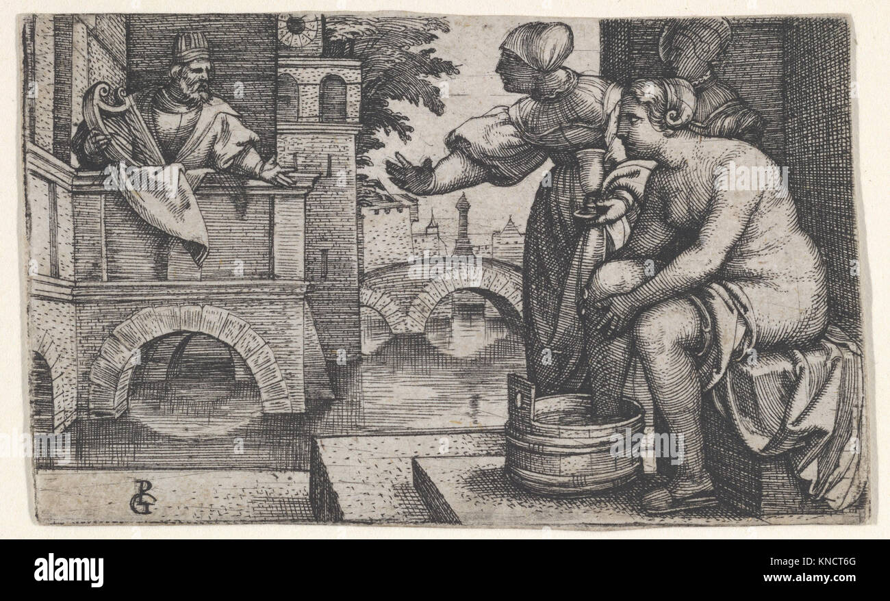 This artwork depicts the biblical story of David and Bathsheba, a ...