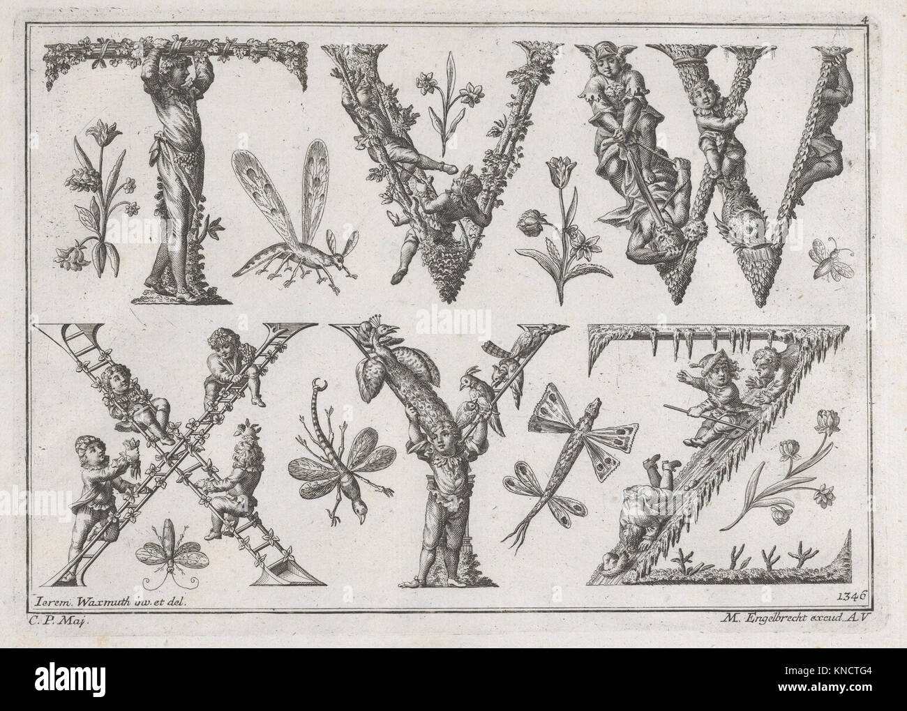 This piece features a decorated Roman alphabet, representing a ...