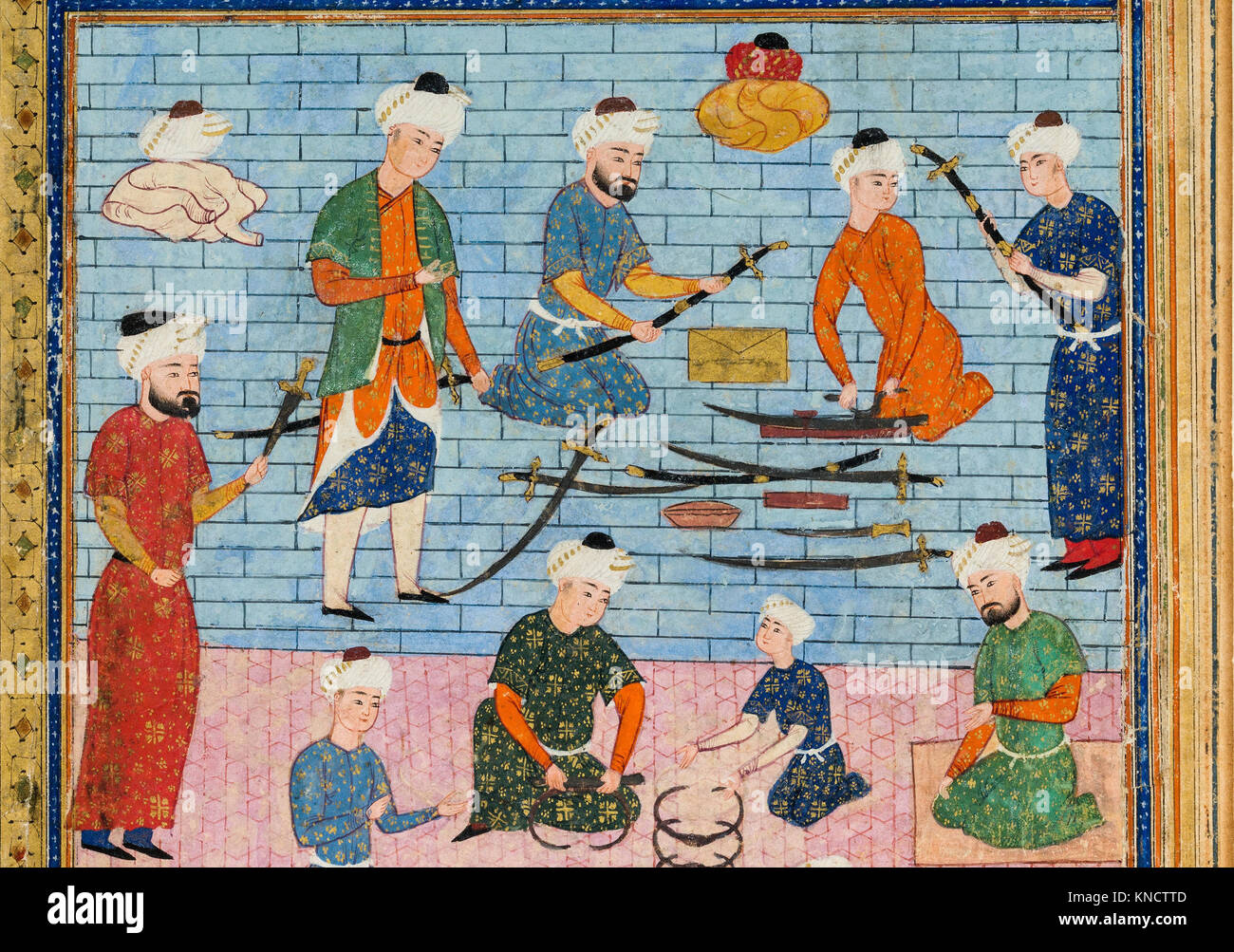 This artwork depicts an arms workshop, capturing the process of weapon ...