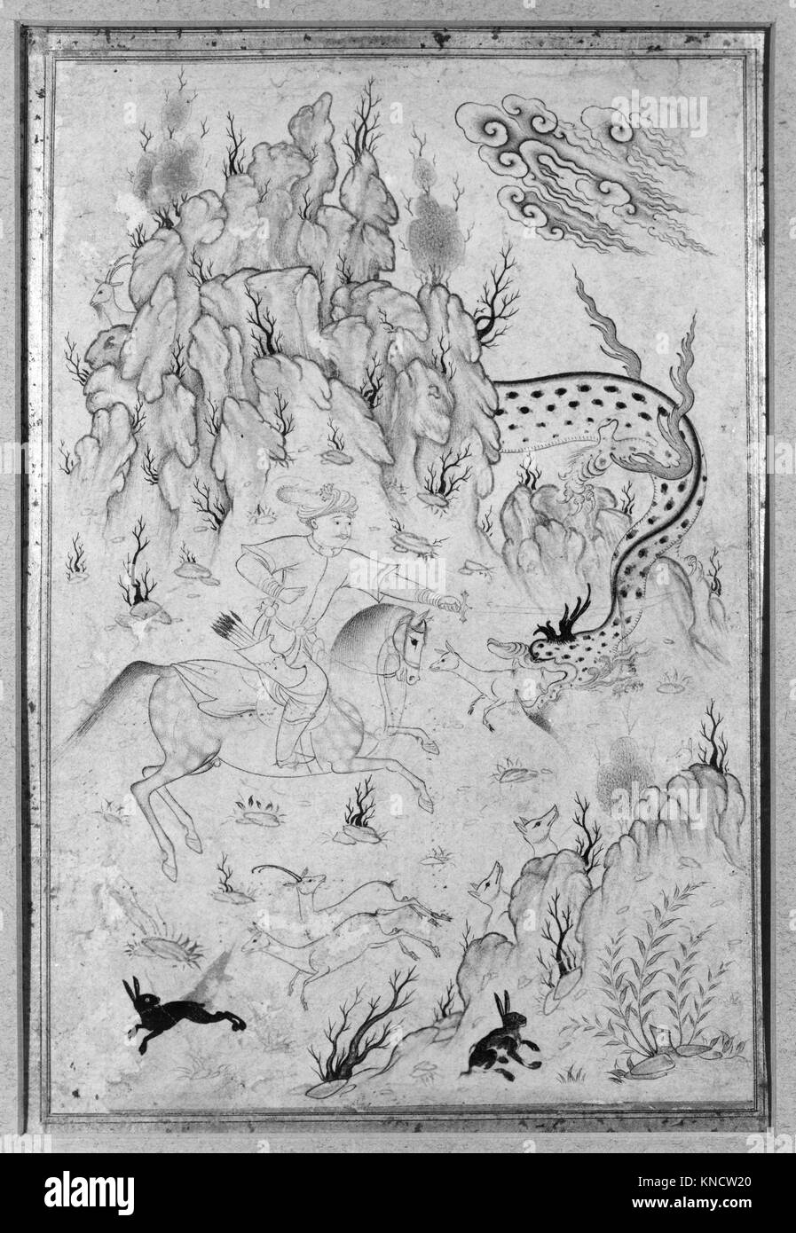 This 16th-century Islamic artwork depicts a heroic figure confronting a ...