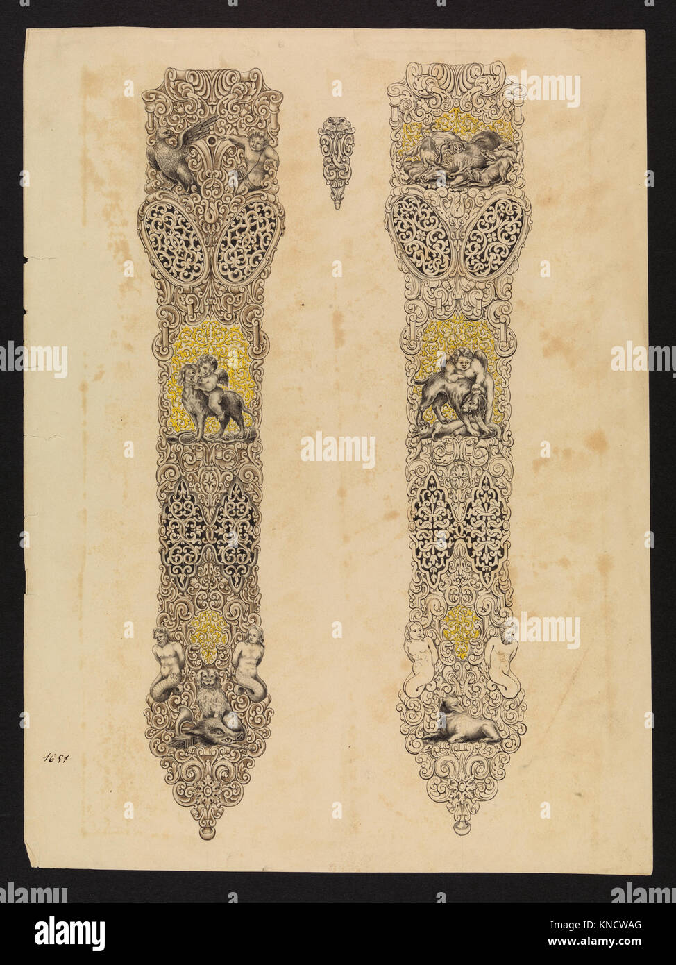 This design illustrates the two sides of a dagger sheath, showcasing ...