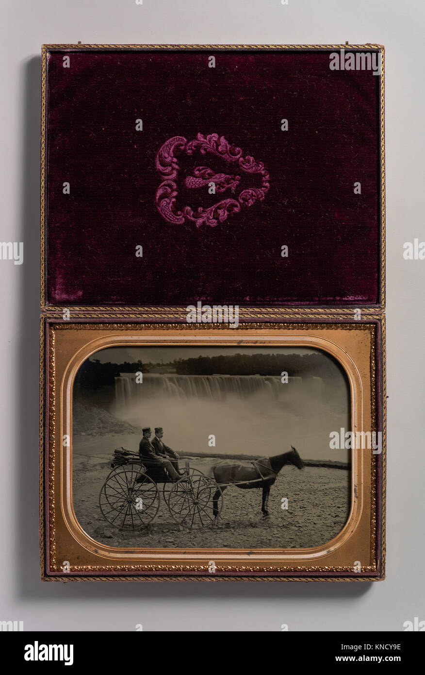 This artwork portrays two men seated in a horse-drawn carriage, with ...
