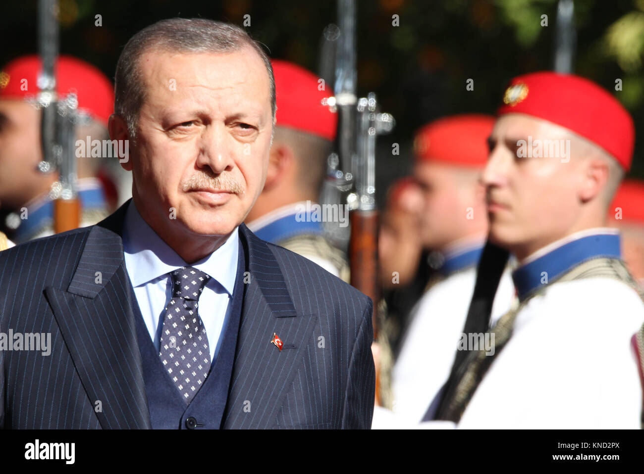 Turkey's President Recep Tayyip Erdogan reviews the Presidential Guard with Greece's President ...