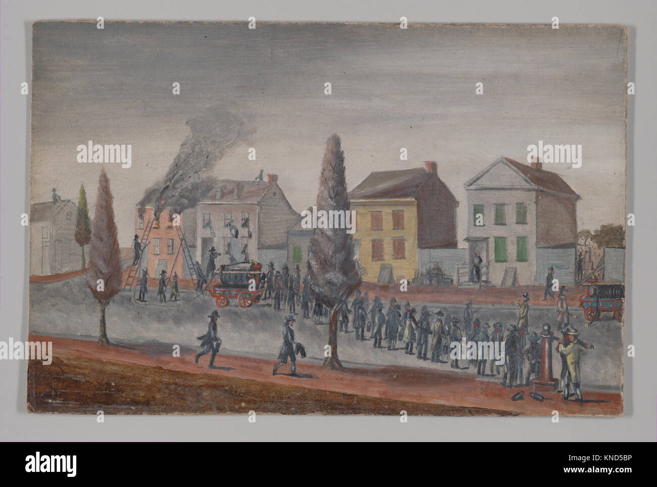 This artwork depicts the action of fighting a fire, capturing the ...