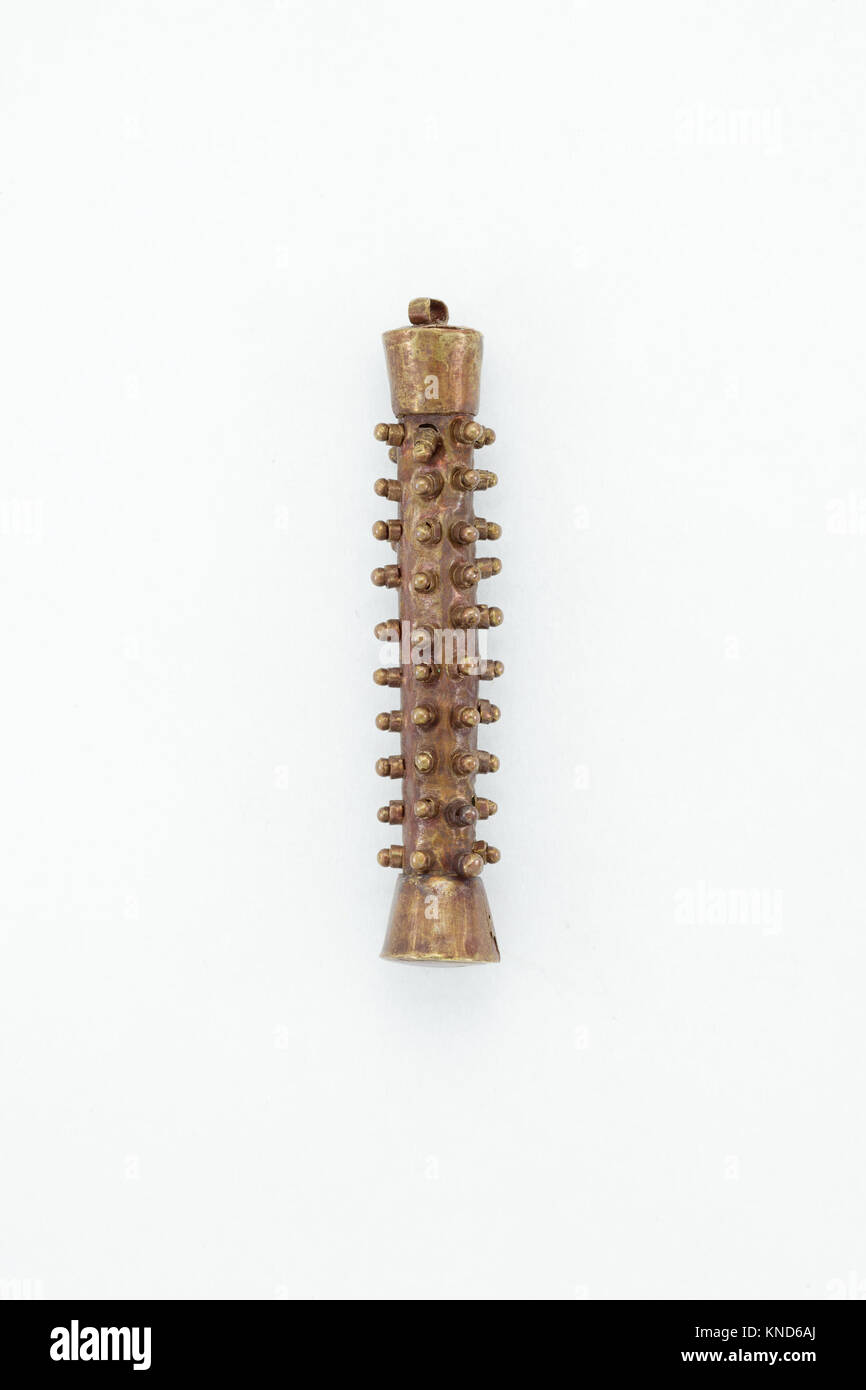 This gold cylinder amulet, dating from 1700-1425 B.C., features ...