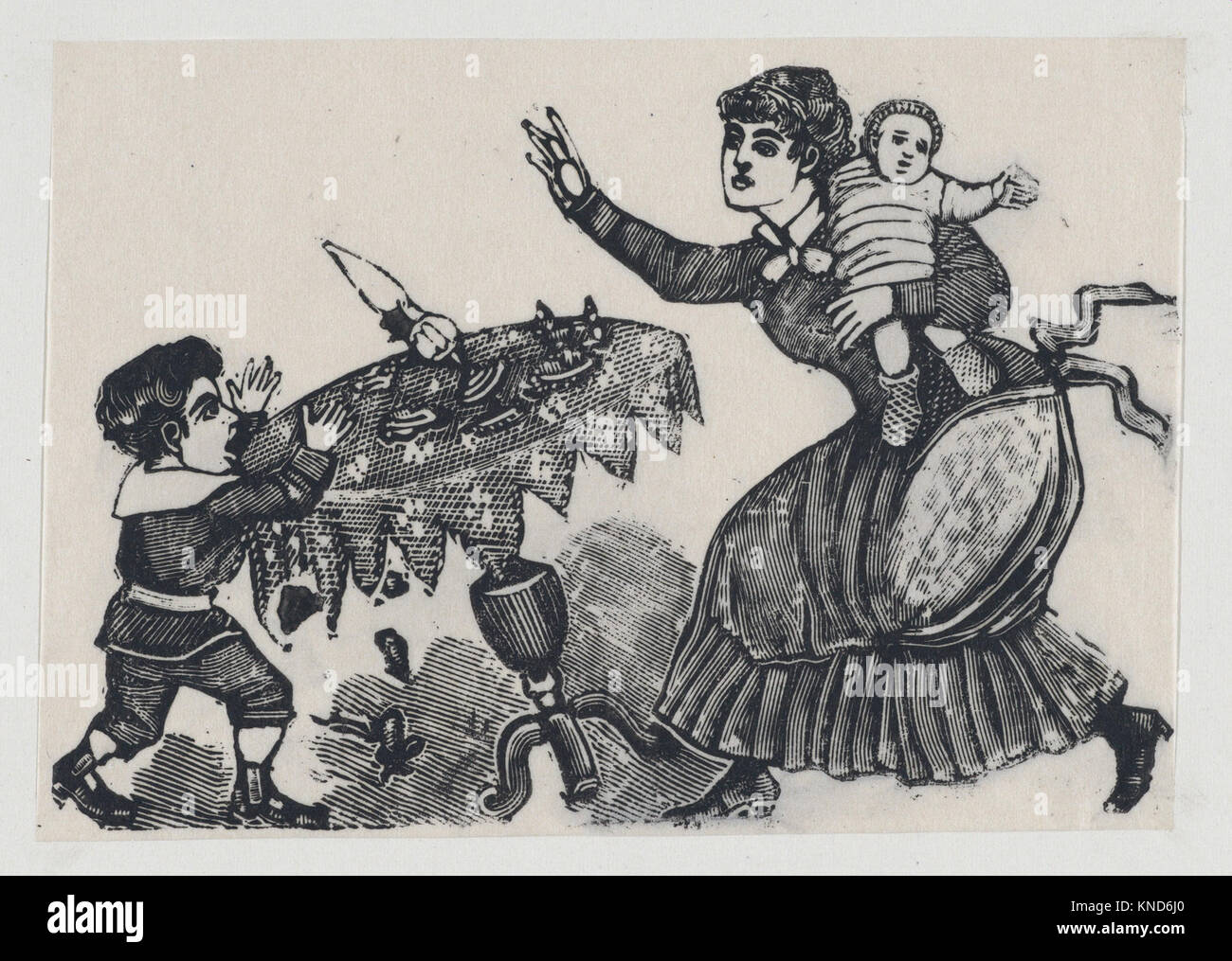 A child tipping a table over, his mother rushing to help MET DP867998 ...