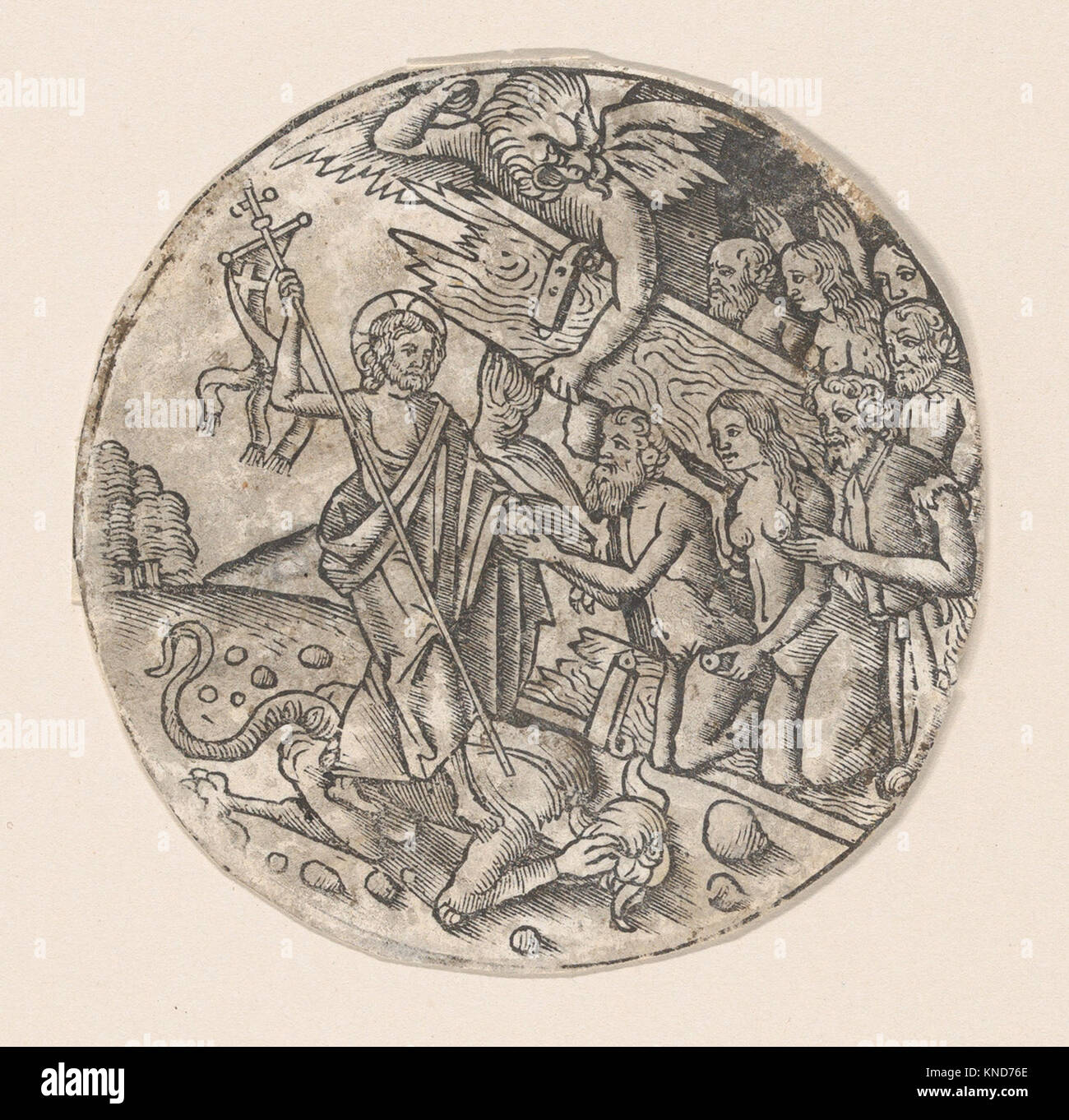 This 16th-century Italian woodcut 'Christ in Limbo' depicts Christ in a ...