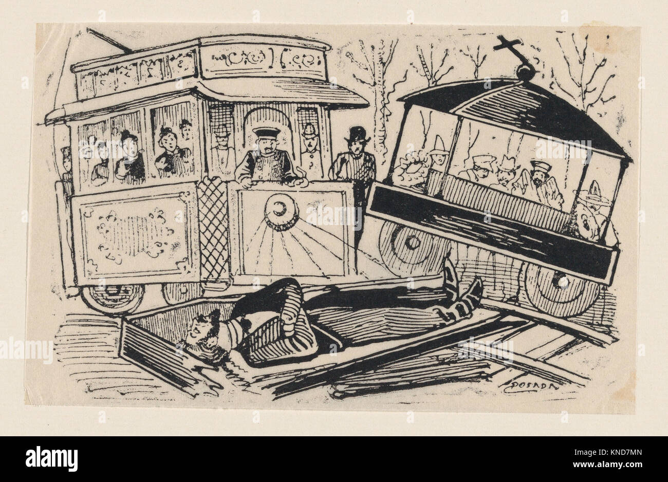 A historical image depicting a collision between a trolley and a hearse ...