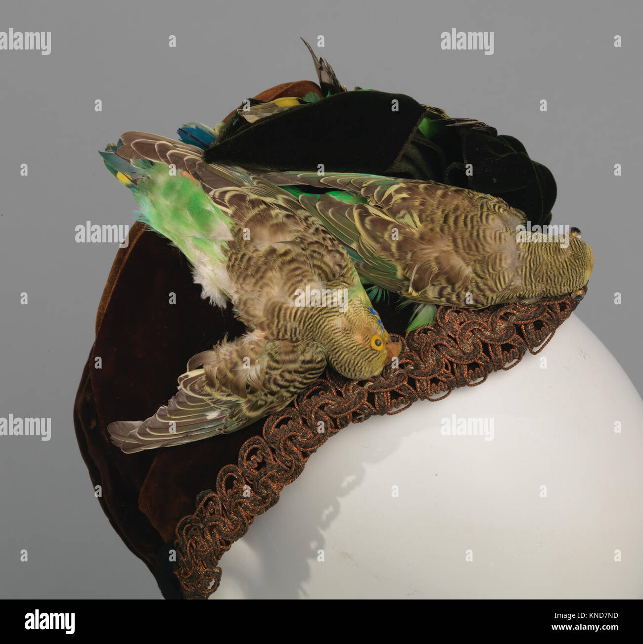 A 1890 American silk bonnet, adorned with feathers, measuring 7 inches ...