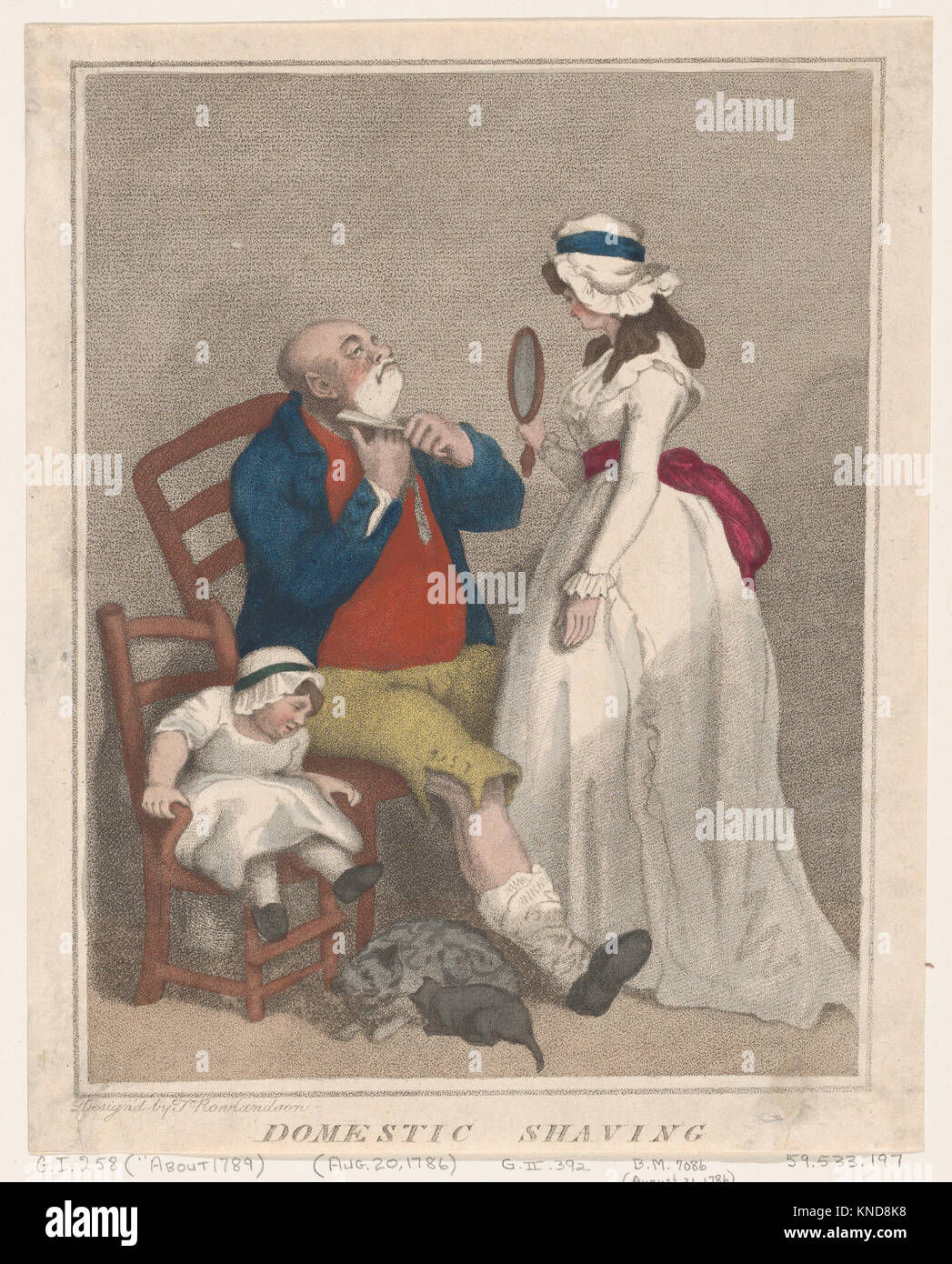 This artwork depicts a domestic shaving scene, capturing a moment of ...