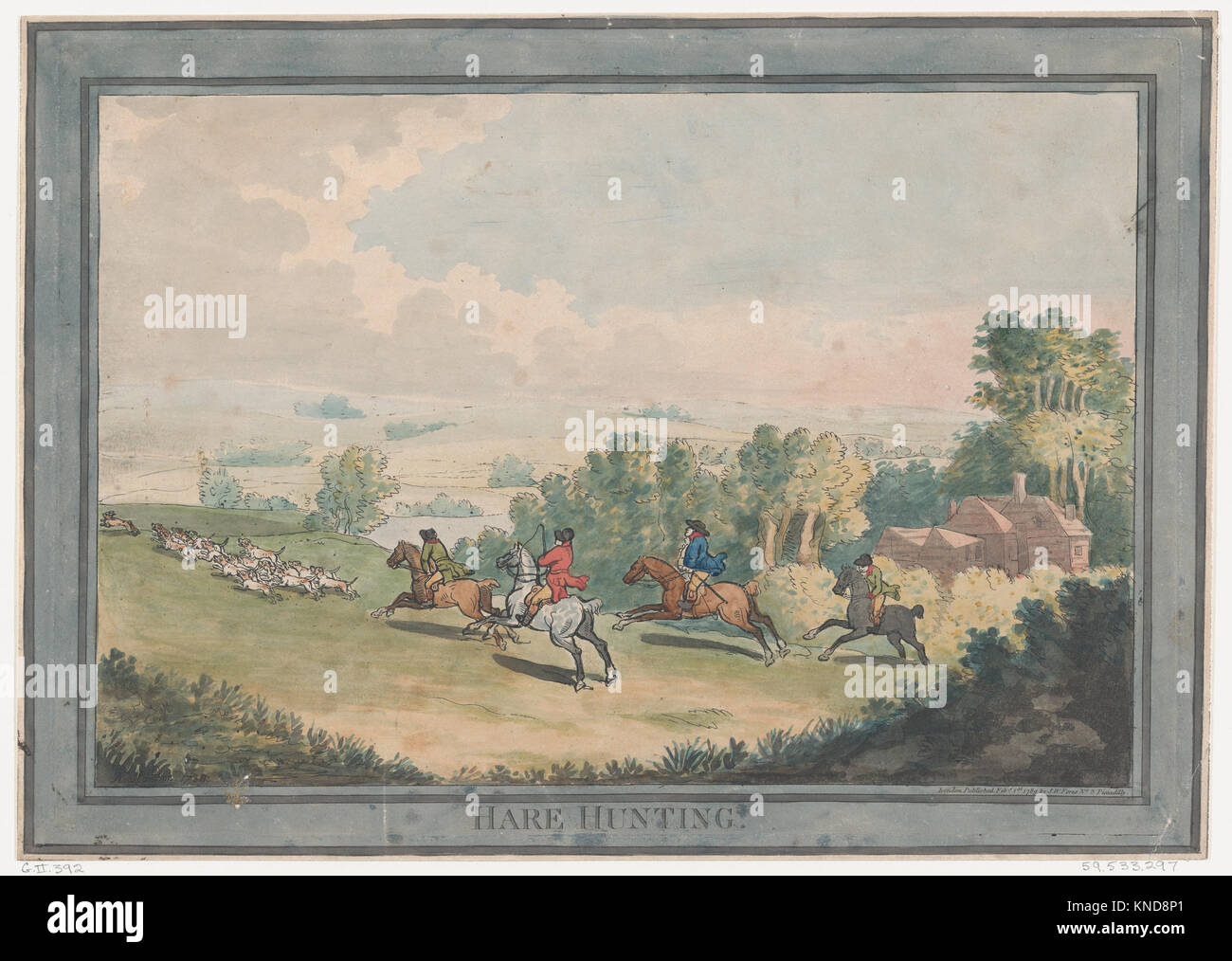 This artwork depicts a scene of hare hunting, capturing the dynamic ...